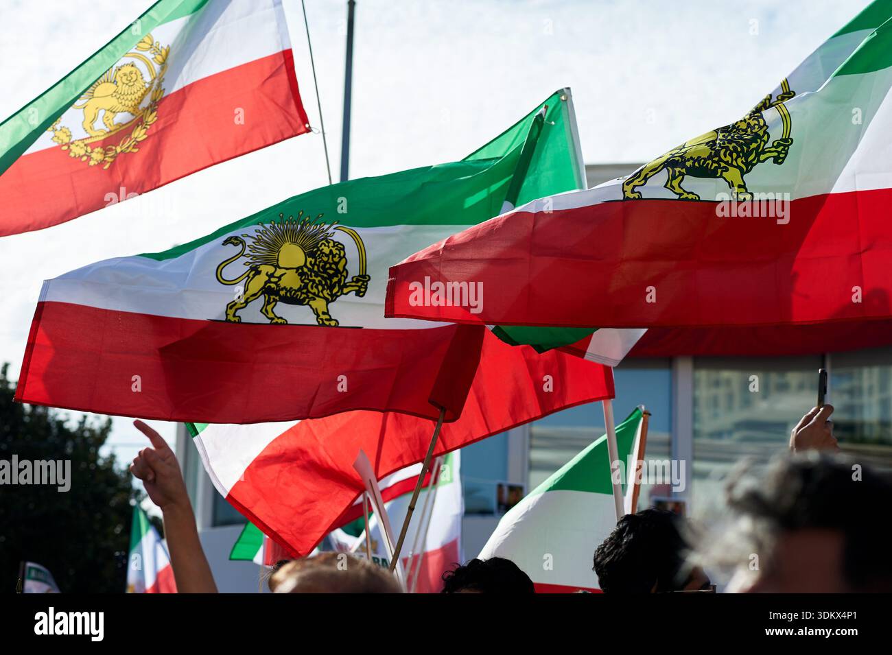 Los Angeles, USA. 01st Feb, 2026. Iranian lion and sun flags blowing in ...