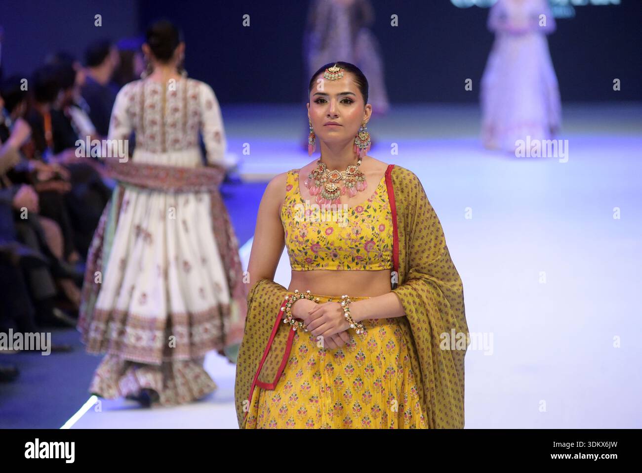 A model presents a creation by a Pakistani designer during LAAM Fashion ...