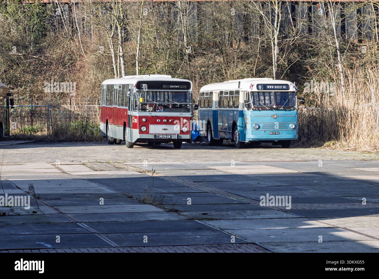 Two vintage DAF city buses parked at a depot in Utrecht, Netherlands ...