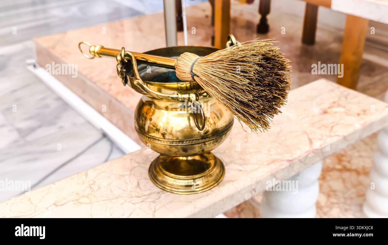 Golden Holy Water Sprinkler and Bucket on Marble Altar in Church Golden ...
