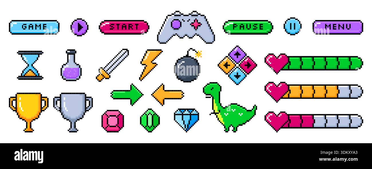 Pixel art 8bit arcade ui buttons, arrows, gaming controller, life bar ...