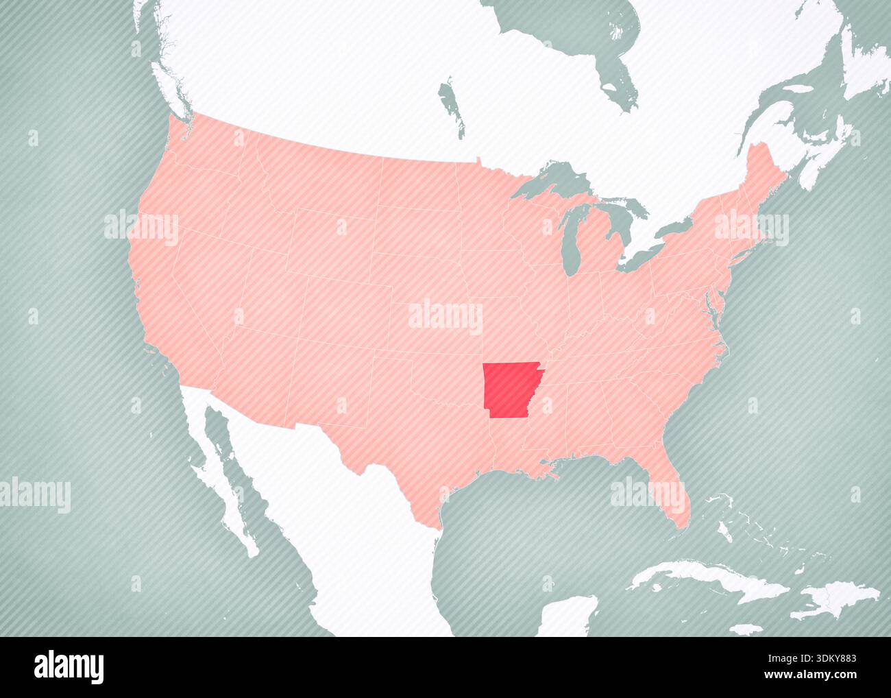 Arkansas on the map of United States of America with softly striped ...