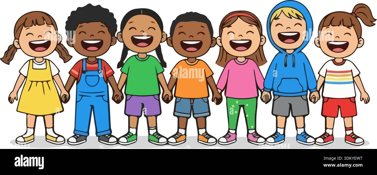 Diverse group of seven happy children holding hands and laughing ...