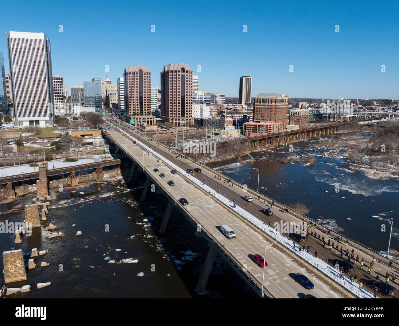 An aerial view of the 9th Street bridge as Venerable Buddhist monks ...
