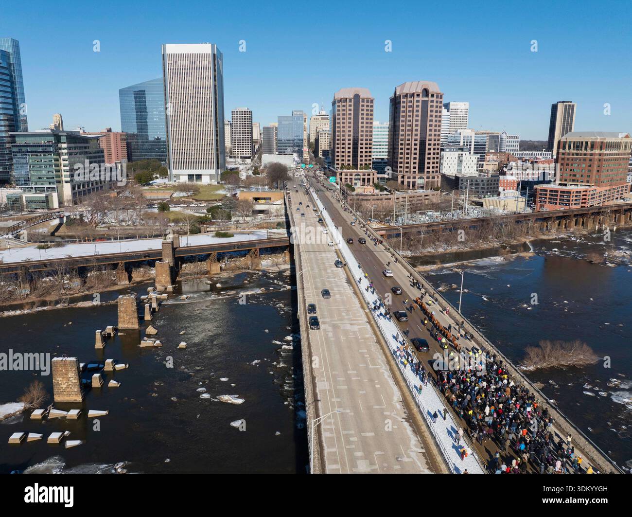 An aerial view of the 9th Street bridge as Venerable Buddhist monks on ...