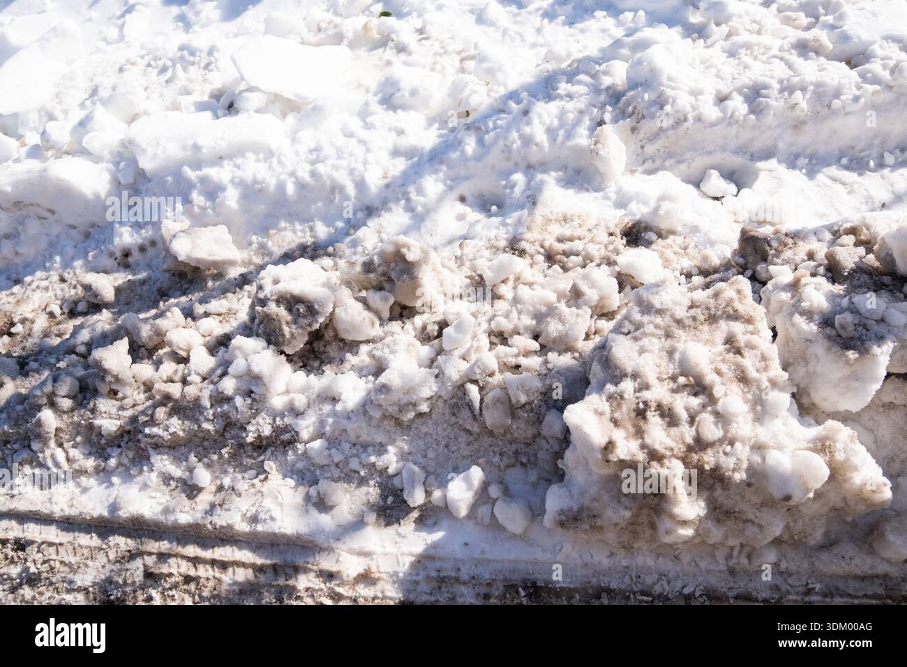 Snow piles are visible alongside the roadway next to plow tracks ...