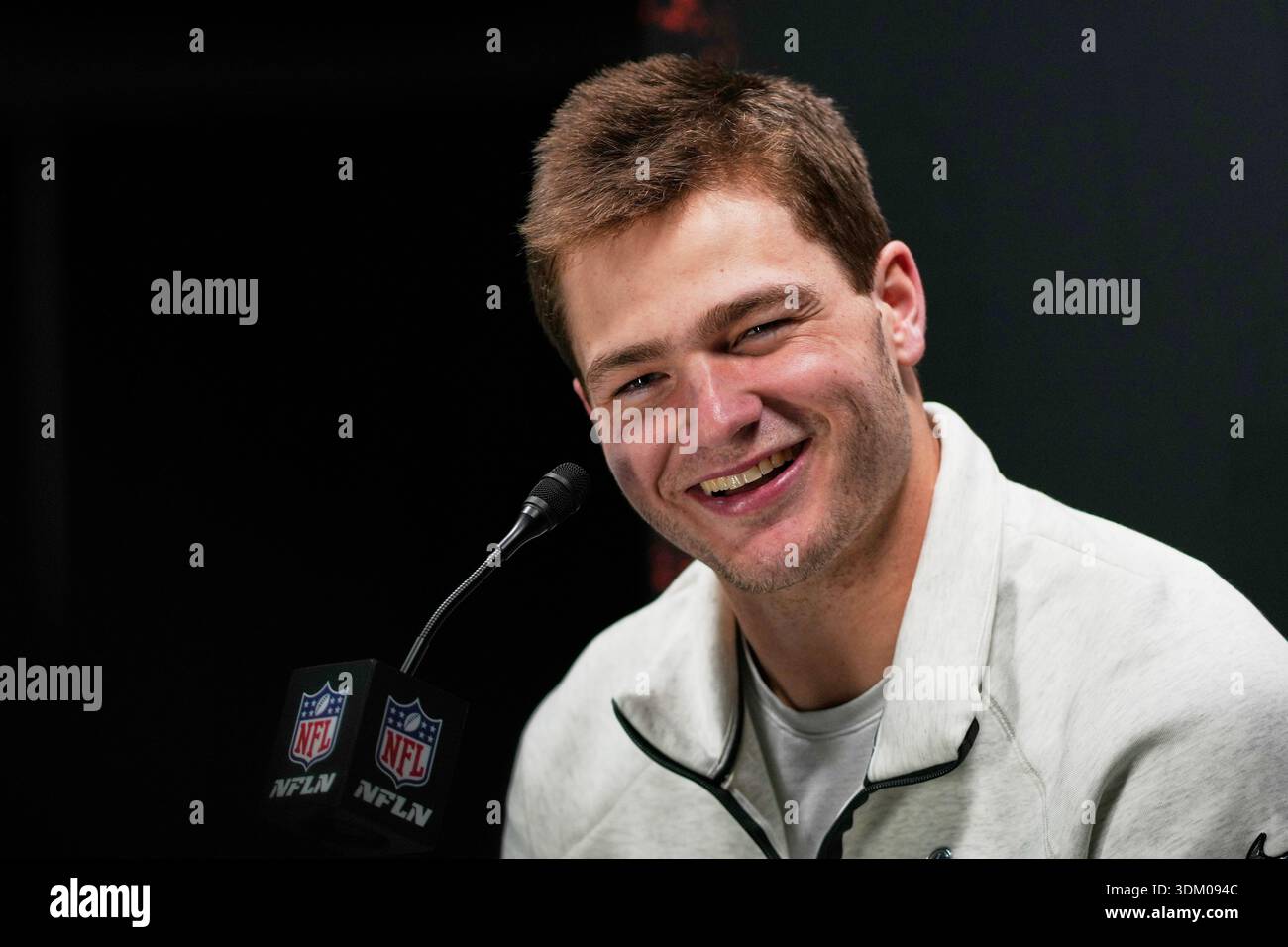 New England Patriots quarterback Drake Maye speaks during the NFL Super ...