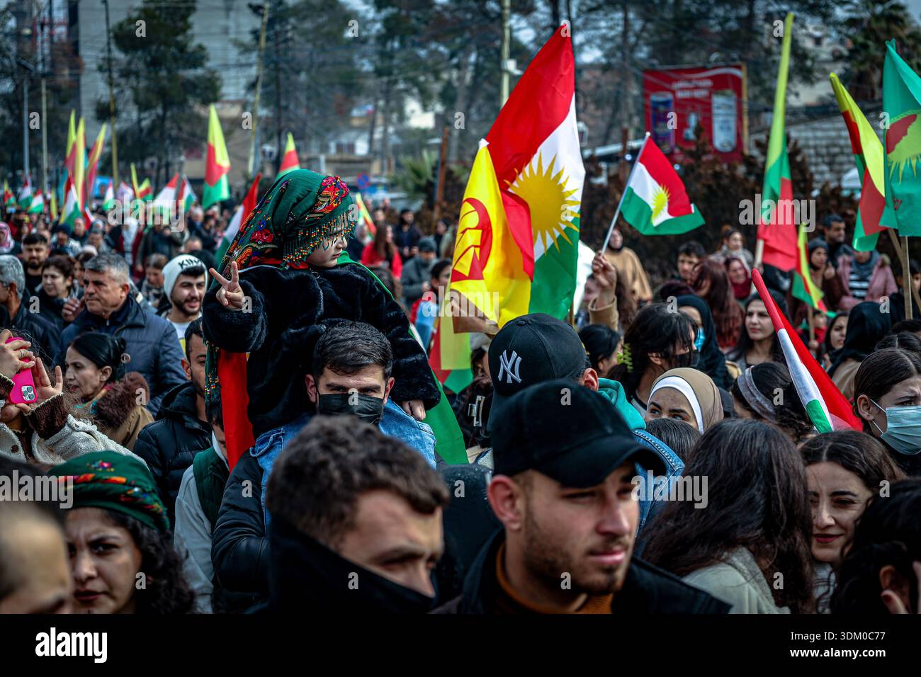 Kurdish demonstraters wave Kurdistan flags during a demonstration in Al ...