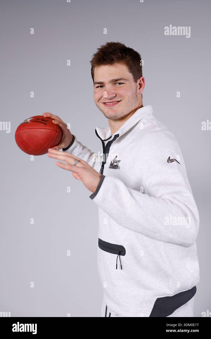New England Patriots Drake Maye (10) poses for a portrait on Opening ...