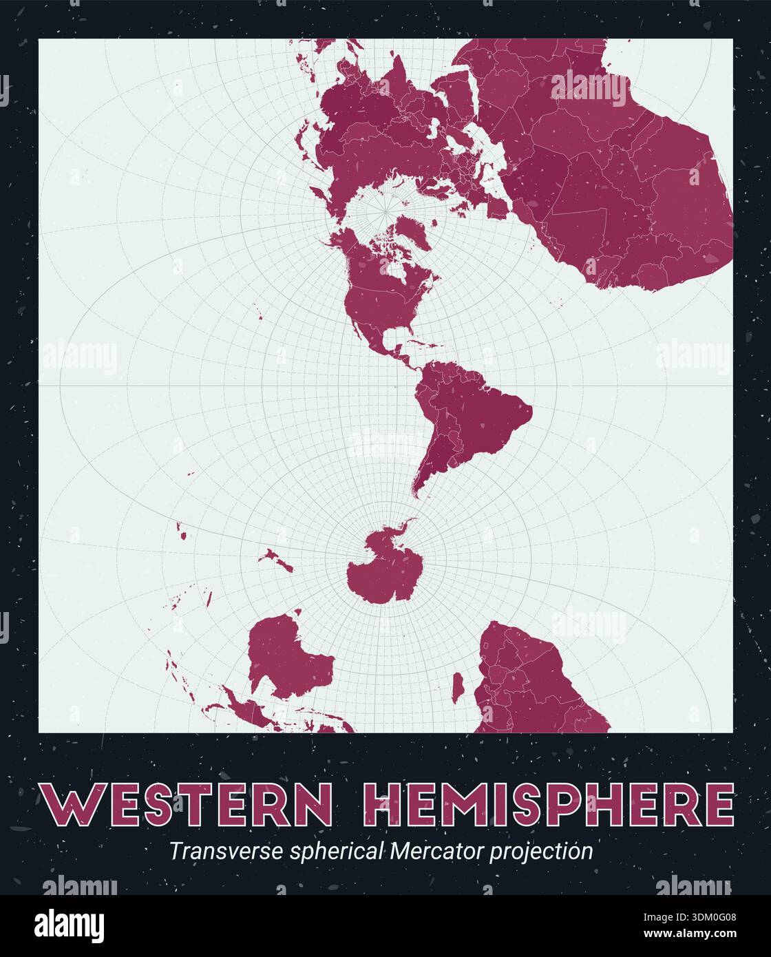 Western Hemisphere. World map. Transverse spherical Mercator projection ...