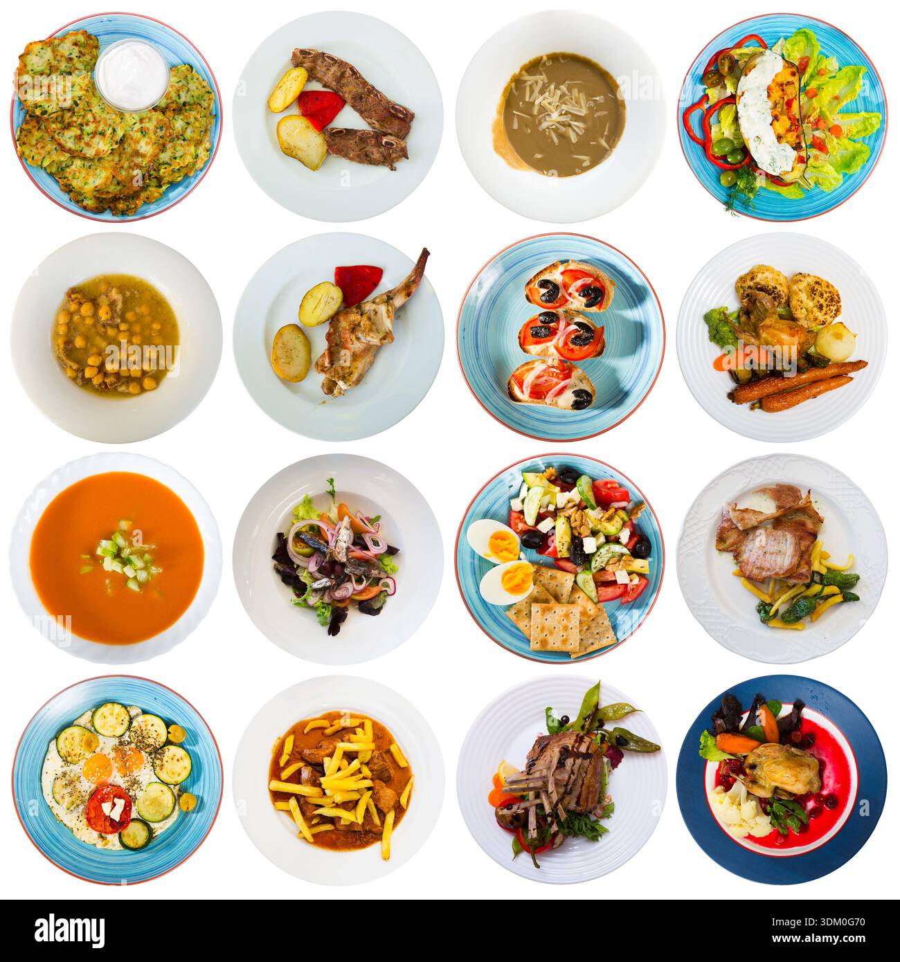 Collection of delicious homemade and restaurant dishes on round plates ...