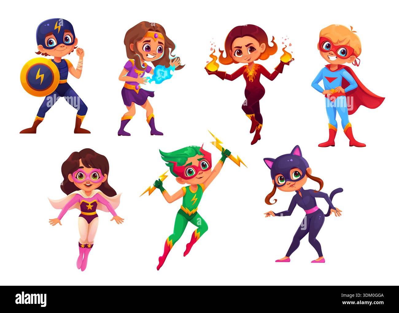 Kids superhero characters. Adorable cartoon vector children dressed as ...