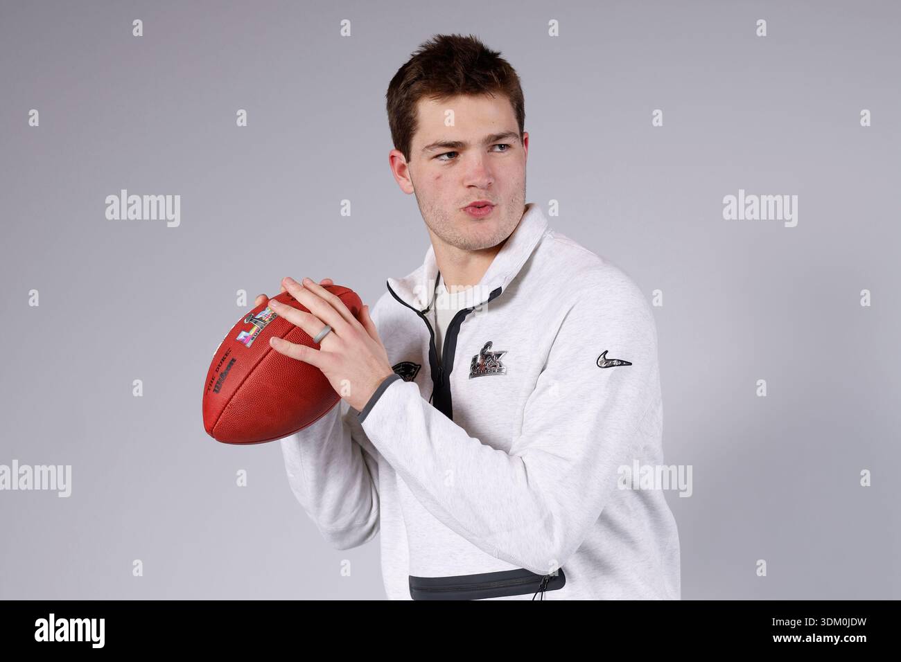New England Patriots Drake Maye (10) poses for a portrait on Opening ...