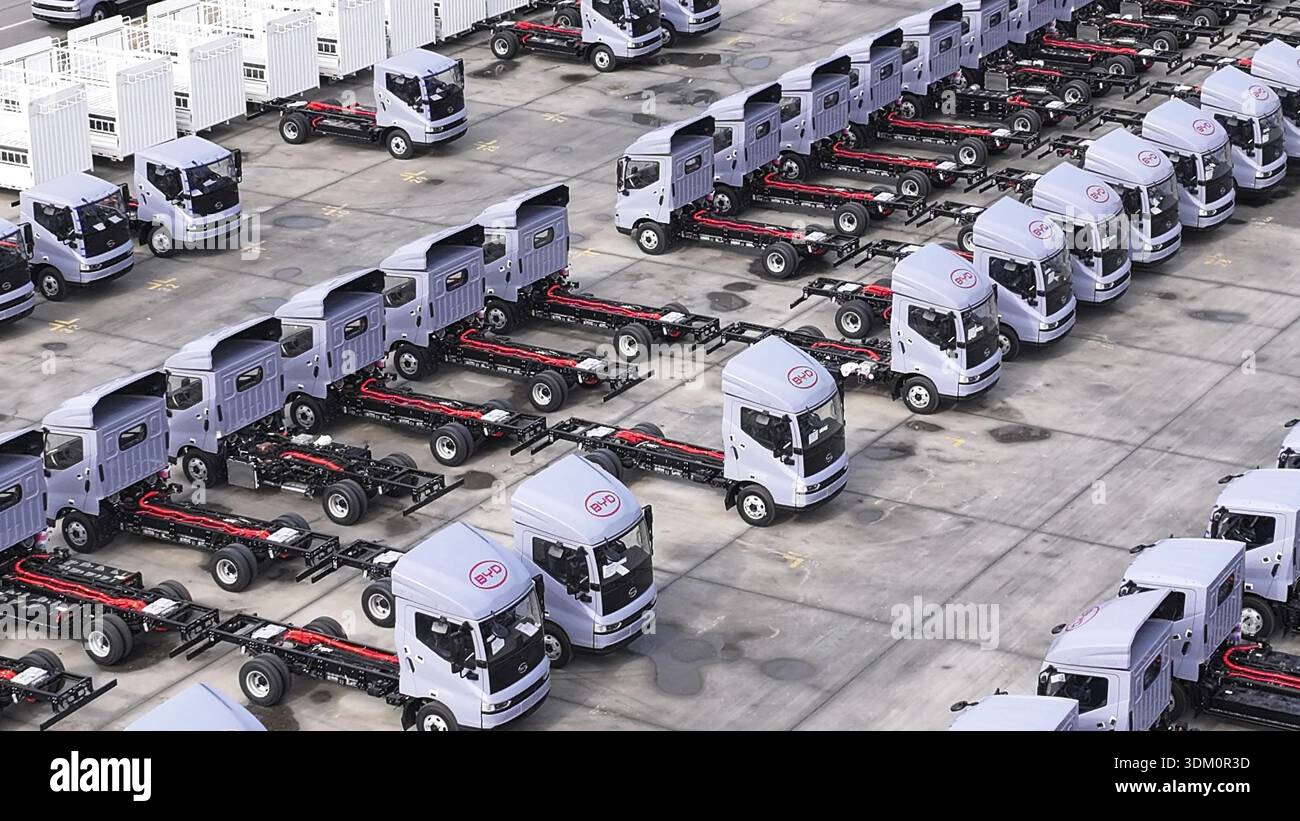 Aerial photo shows BYD new energy commercial vehicles at BYD's factory ...