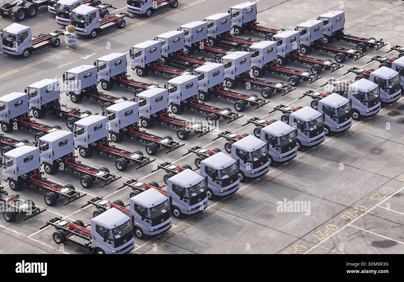 Aerial photo shows BYD new energy commercial vehicles at BYD's factory ...