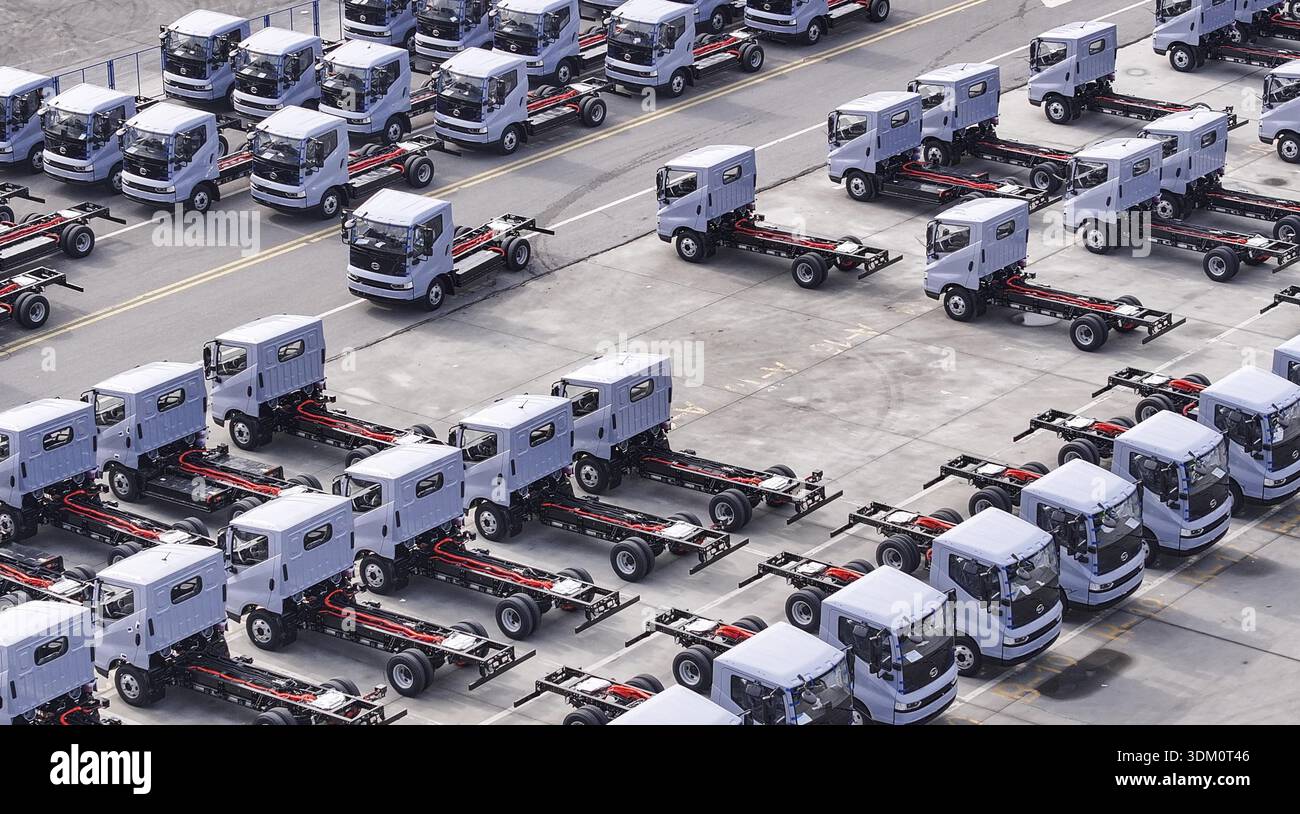 Aerial photo shows BYD new energy commercial vehicles at BYD's factory ...