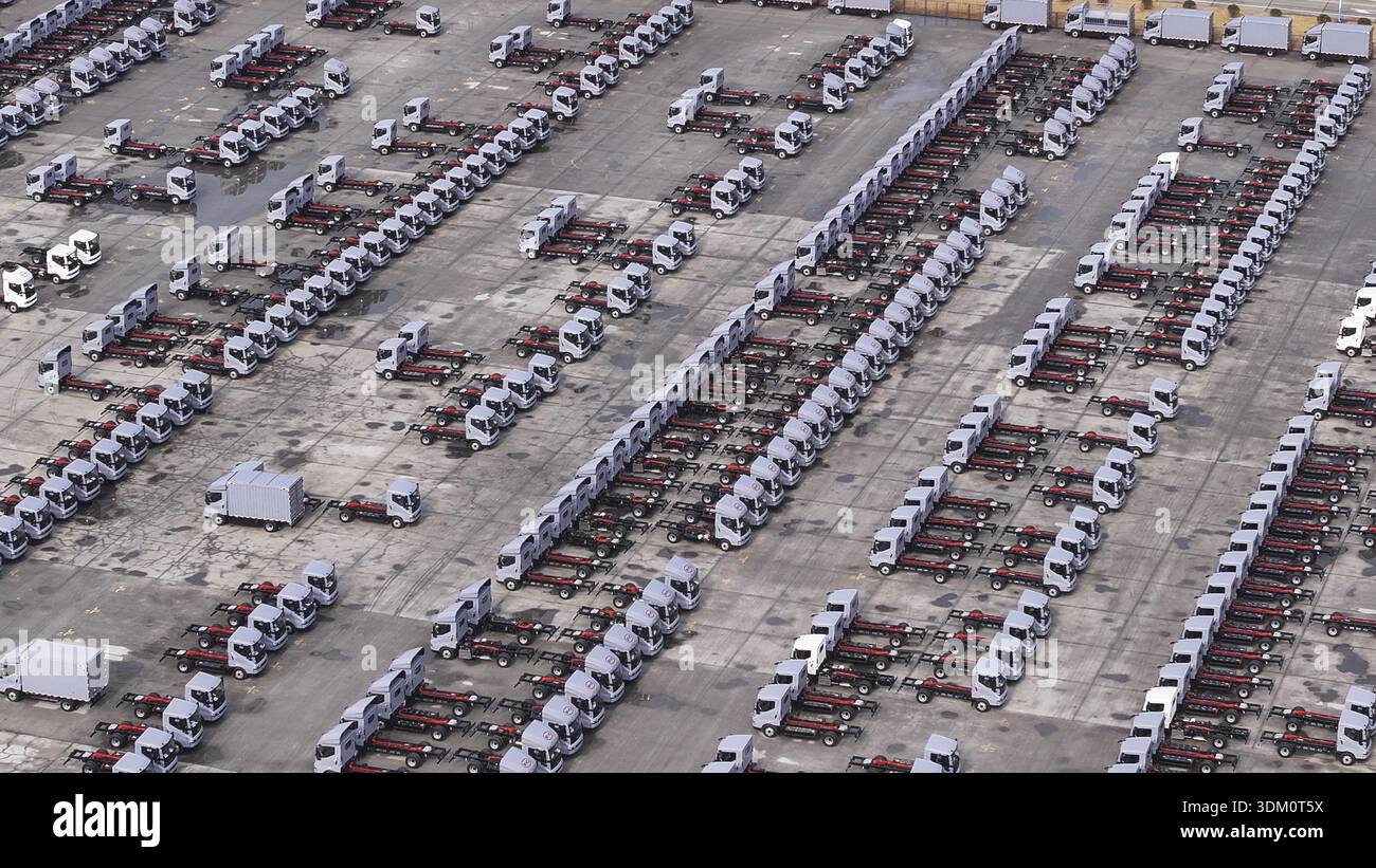 Aerial photo shows BYD new energy commercial vehicles at BYD's factory ...