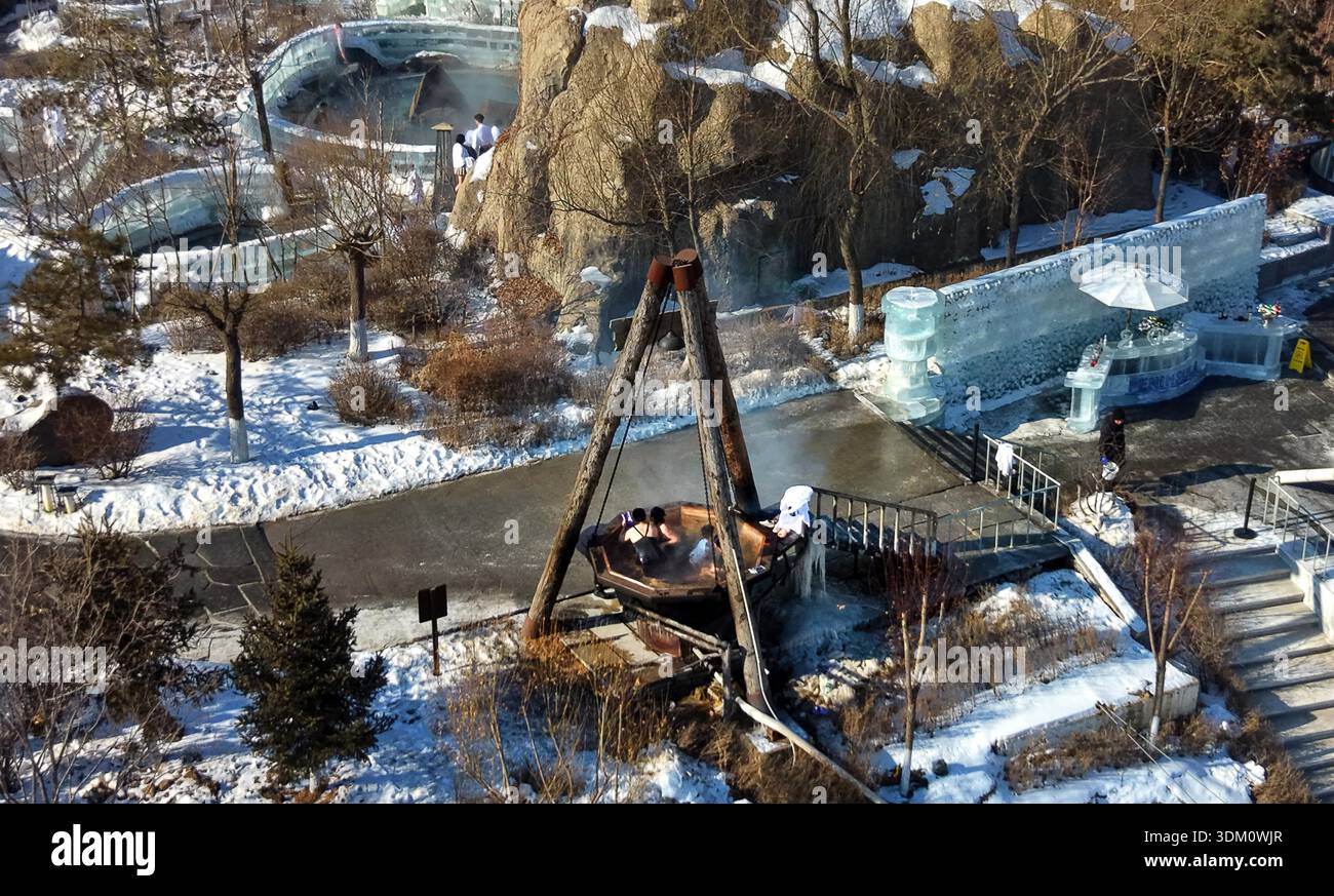 Aerial photo shows tourists soaking in outdoor hot springs in Shenyang ...