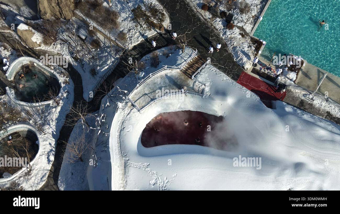 Aerial photo shows tourists soaking in outdoor hot springs in Shenyang ...
