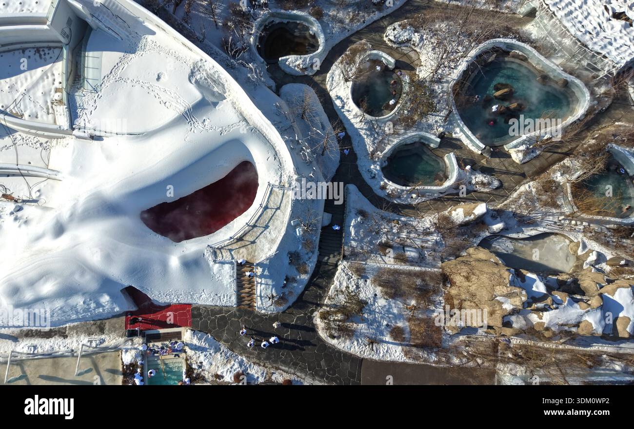 Aerial photo shows tourists soaking in outdoor hot springs in Shenyang ...