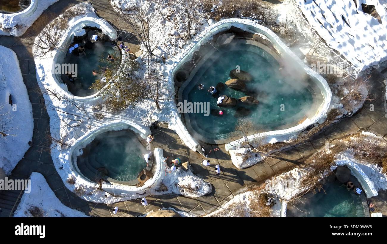 Aerial photo shows tourists soaking in outdoor hot springs in Shenyang ...