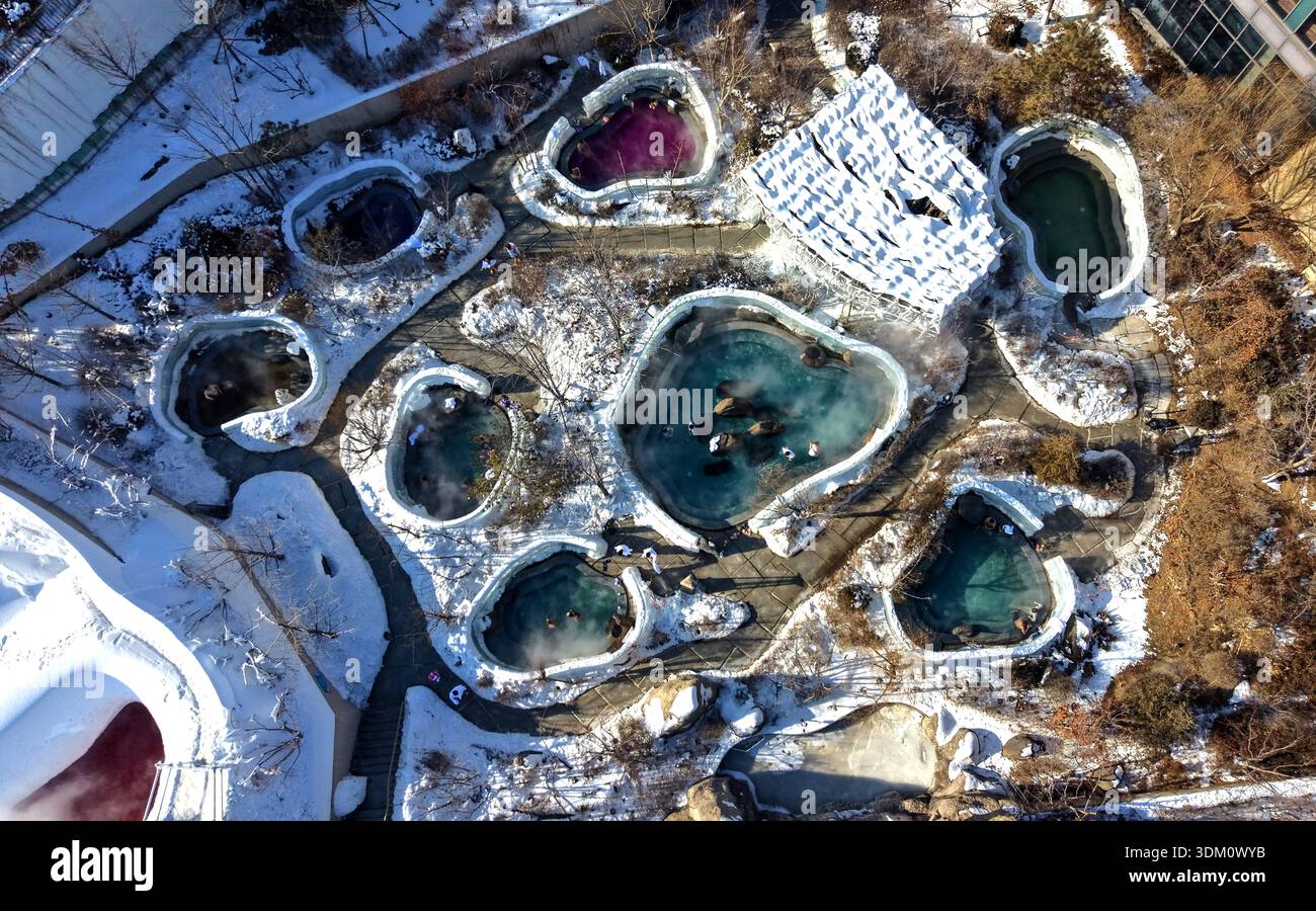 Aerial photo shows tourists soaking in outdoor hot springs in Shenyang ...