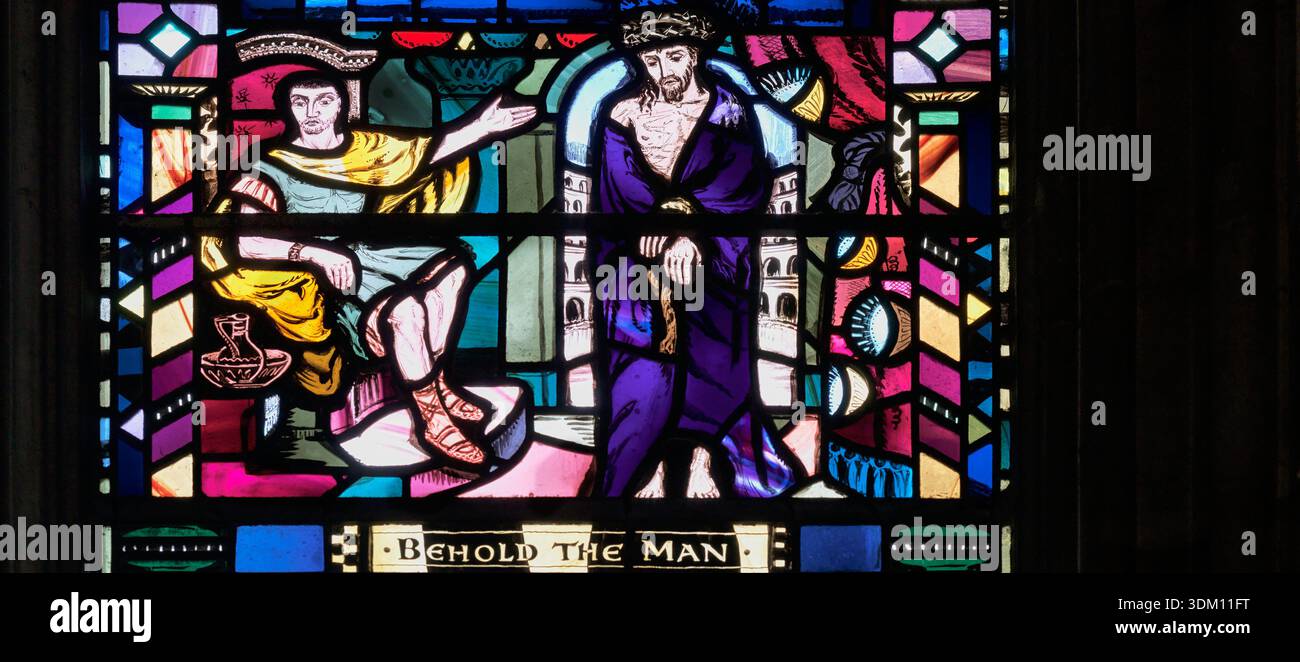 Stained-glass window, of Jesus Christ on trial before the roman ...