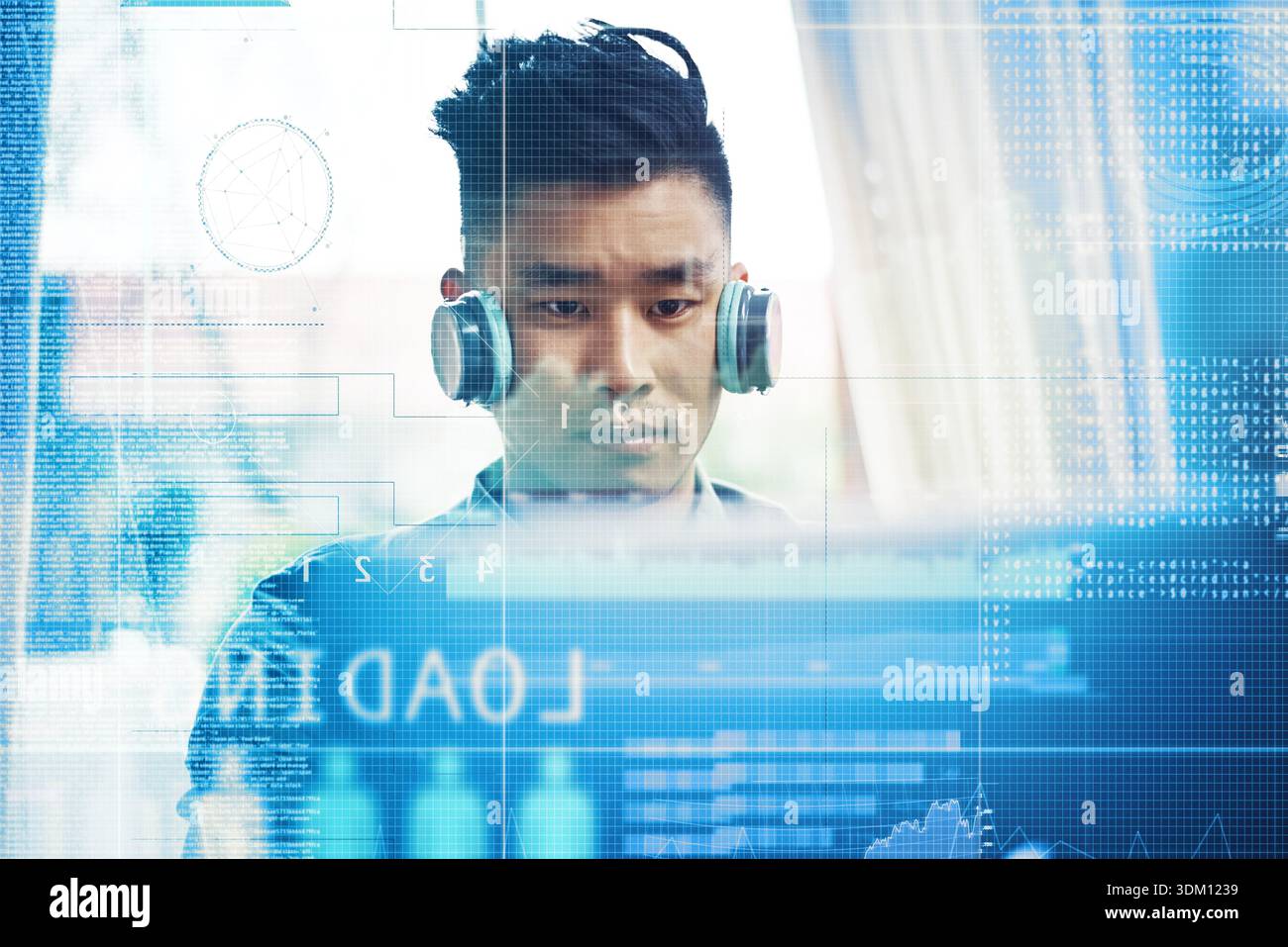Digital coding, headphones and overlay with programmer man in office ...