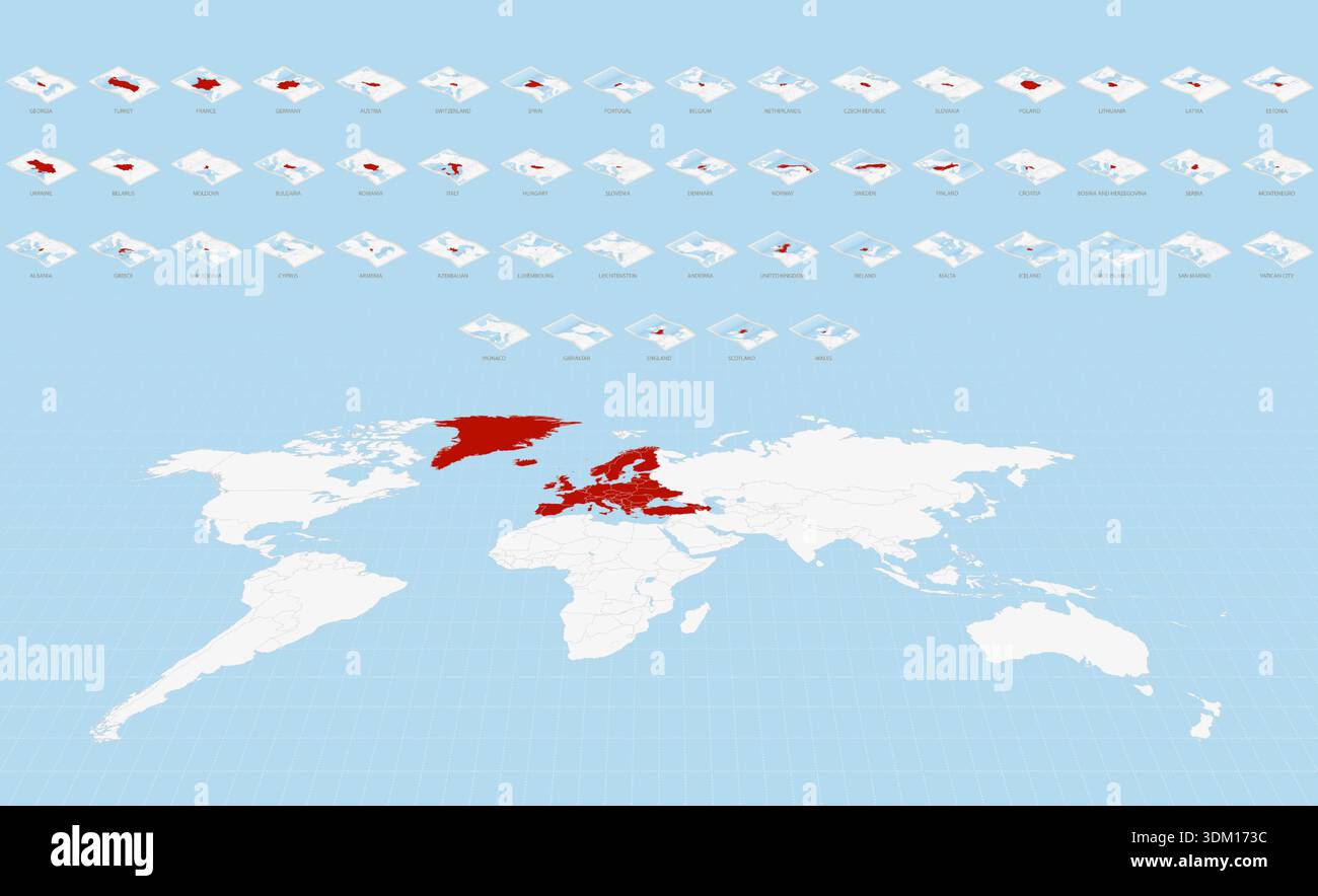 European Nation Maps in Isometric Folded Paper Style with a World Map ...