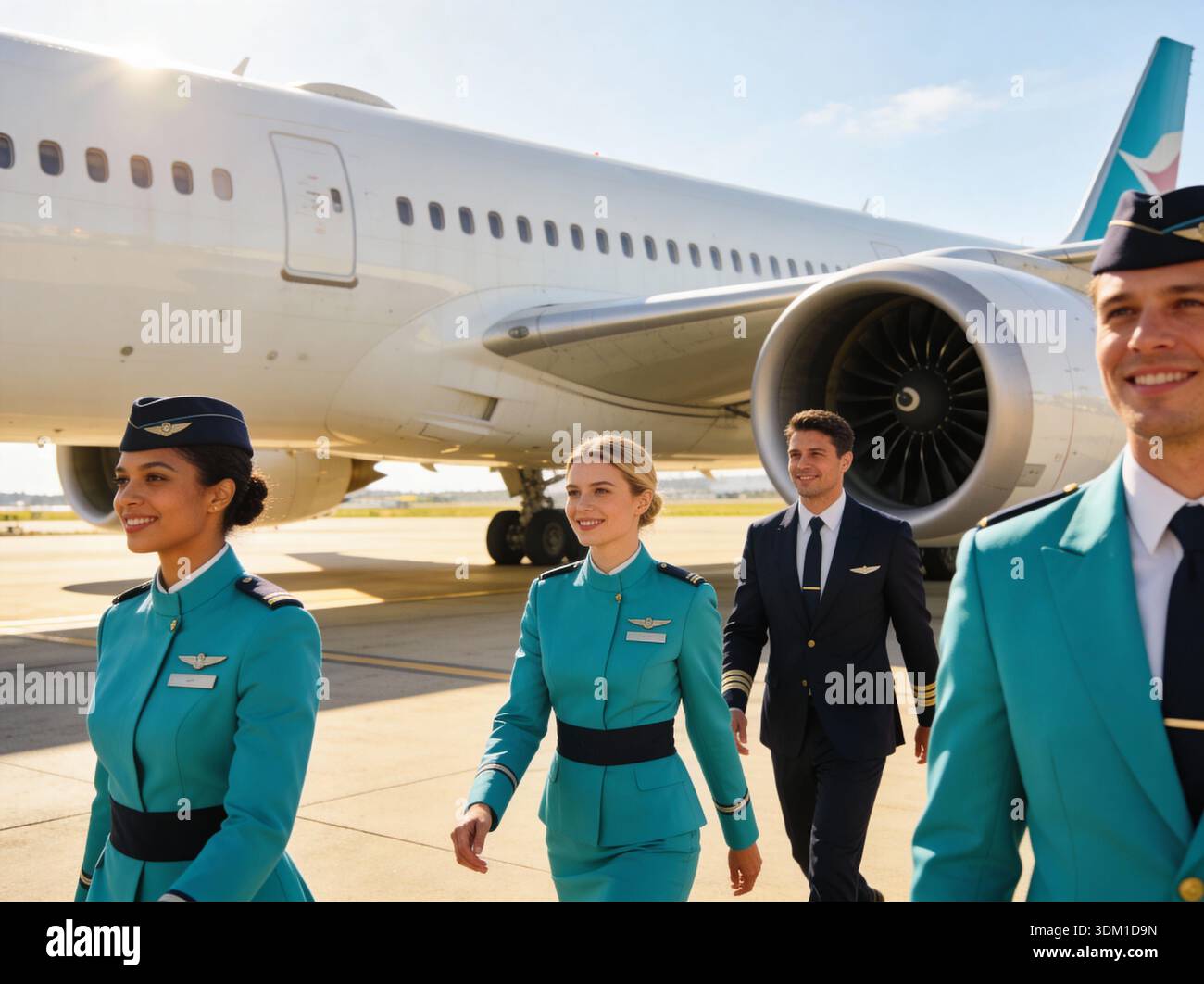 A group of airline staff walk past a large jet. Scene is one of ...