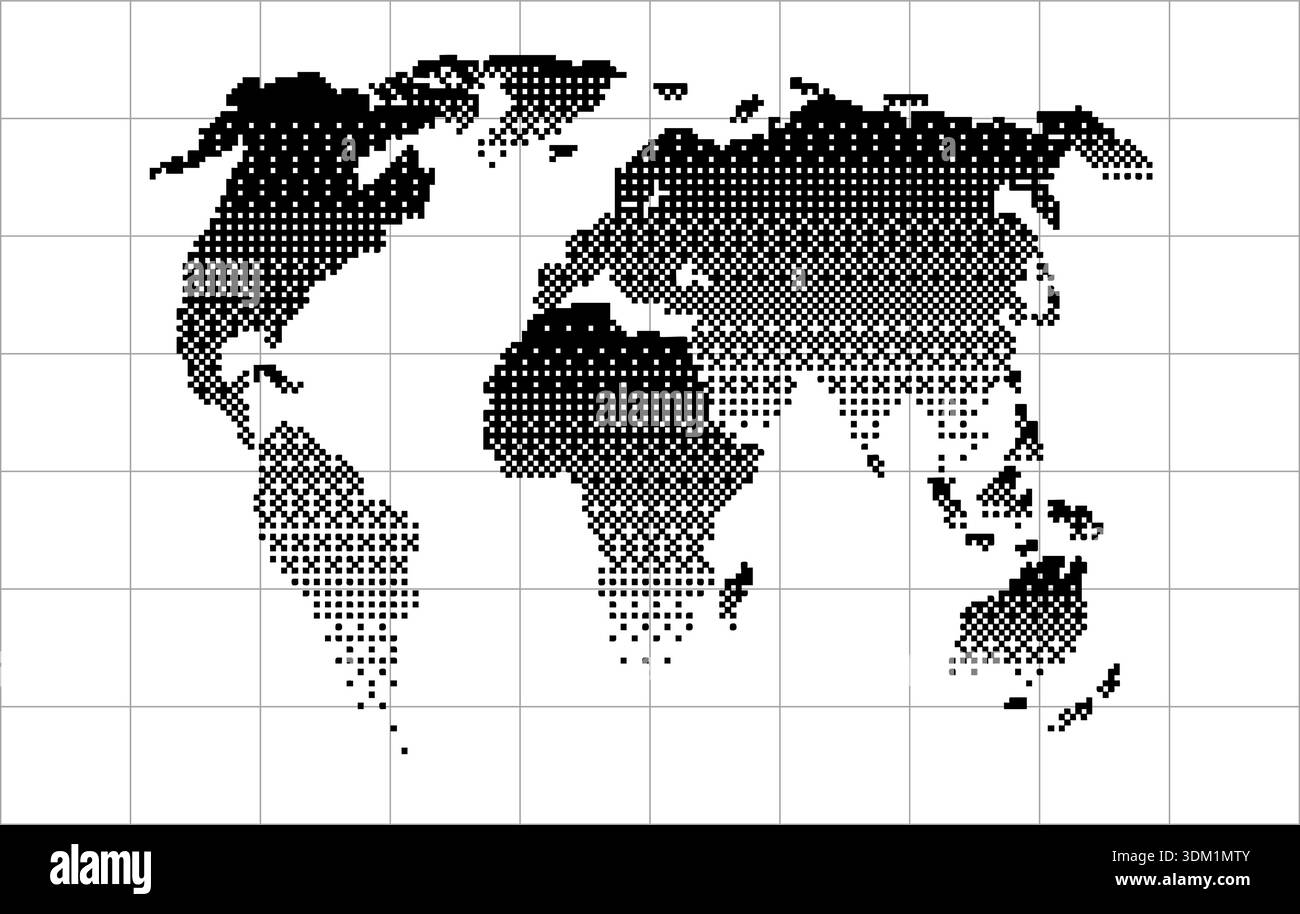 Pixelated world map showing continents in black dots. Digital ...
