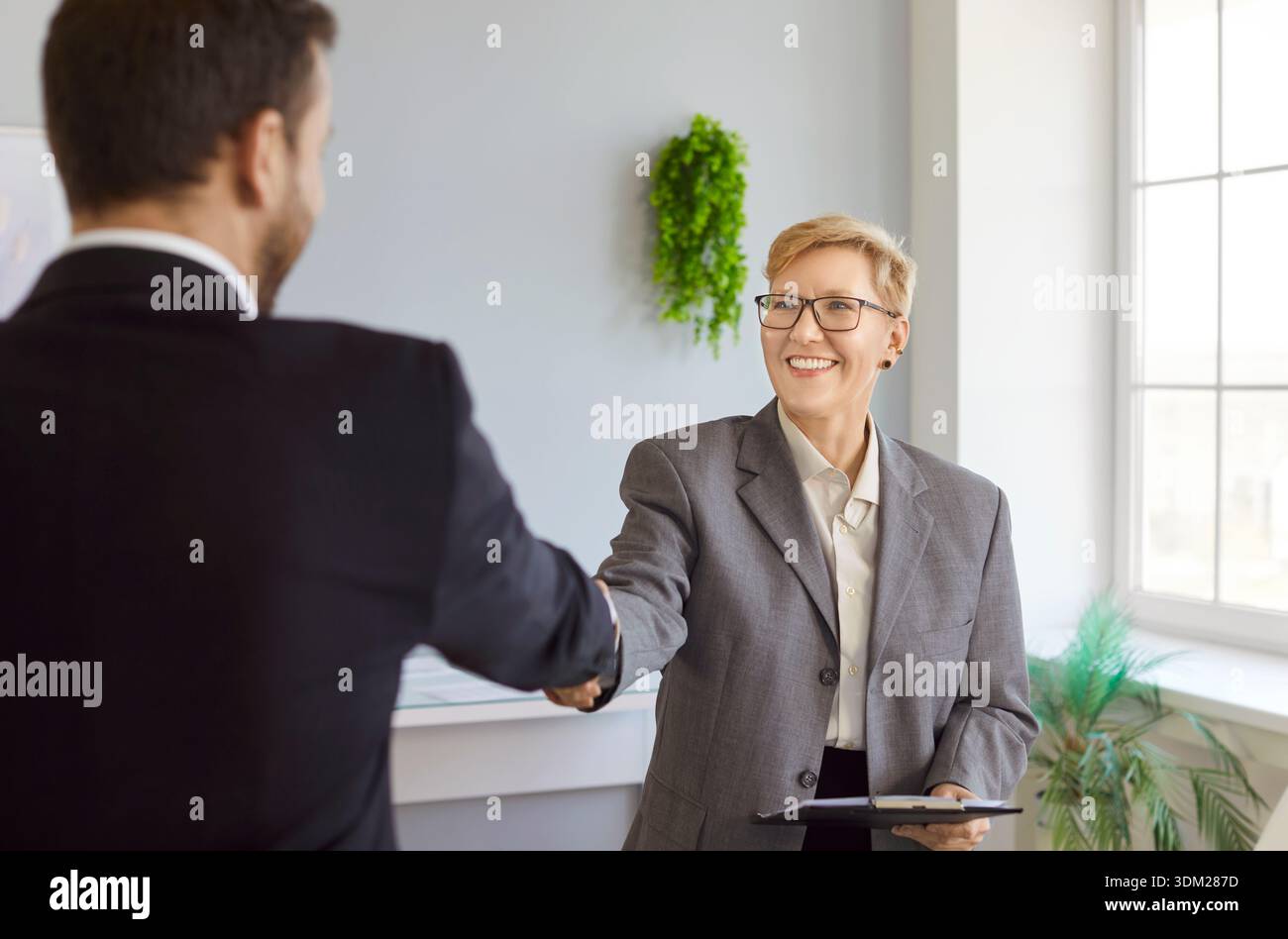 Smiling business partners handshake in office, finalizing deal and ...