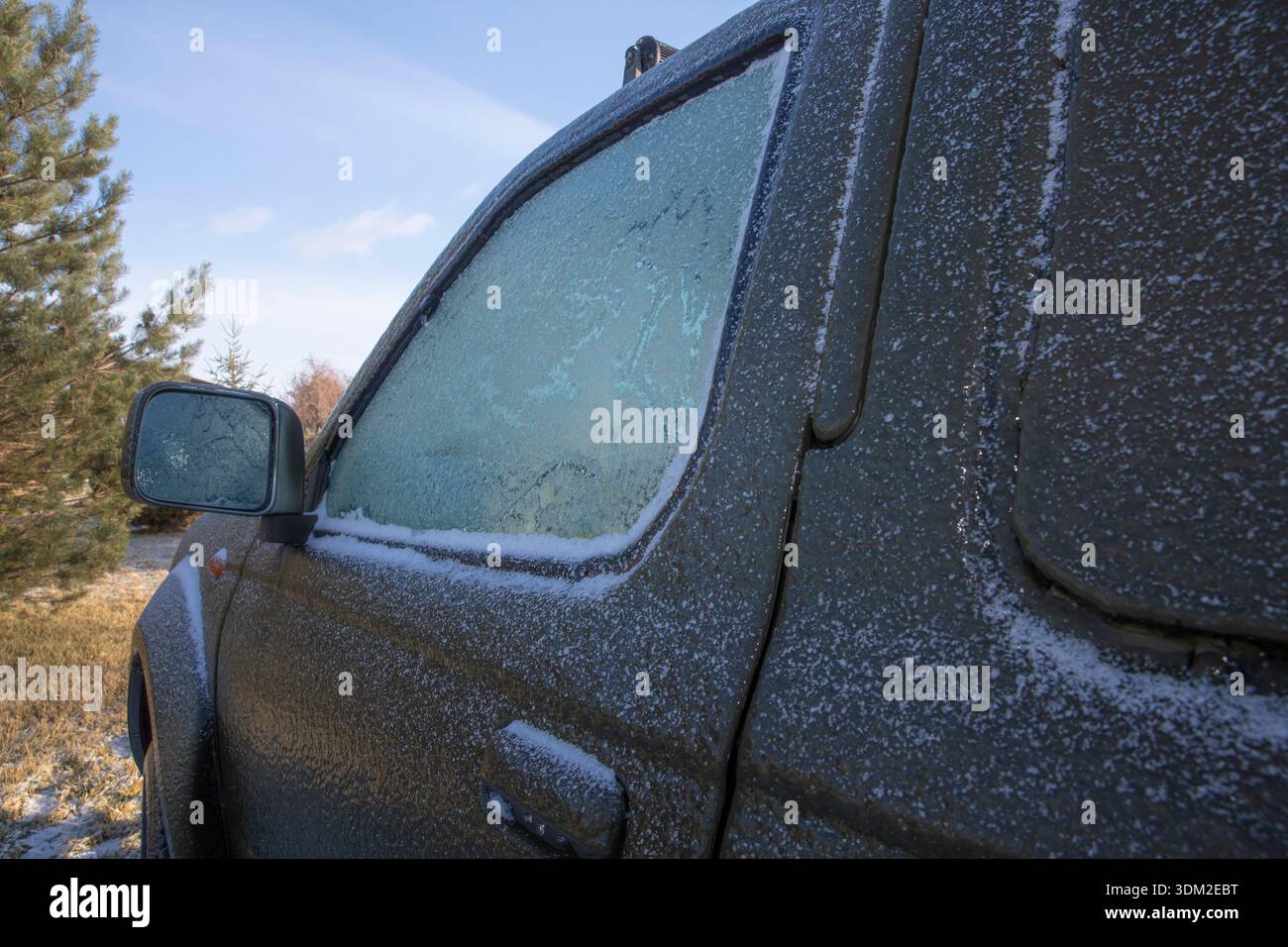 Frozen car side window covered with frost on cold winter morning Stock ...