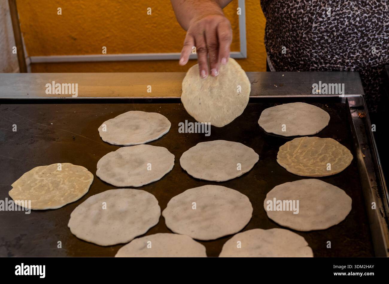 Traditional Mexican woman hand placing fresh corn tortillas on hot ...