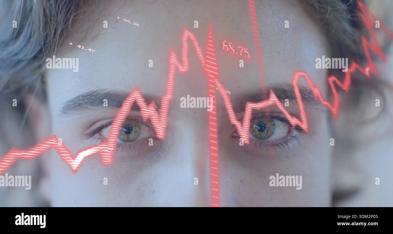 Holding steady gaze, woman's face with eyes reflecting red line chart ...