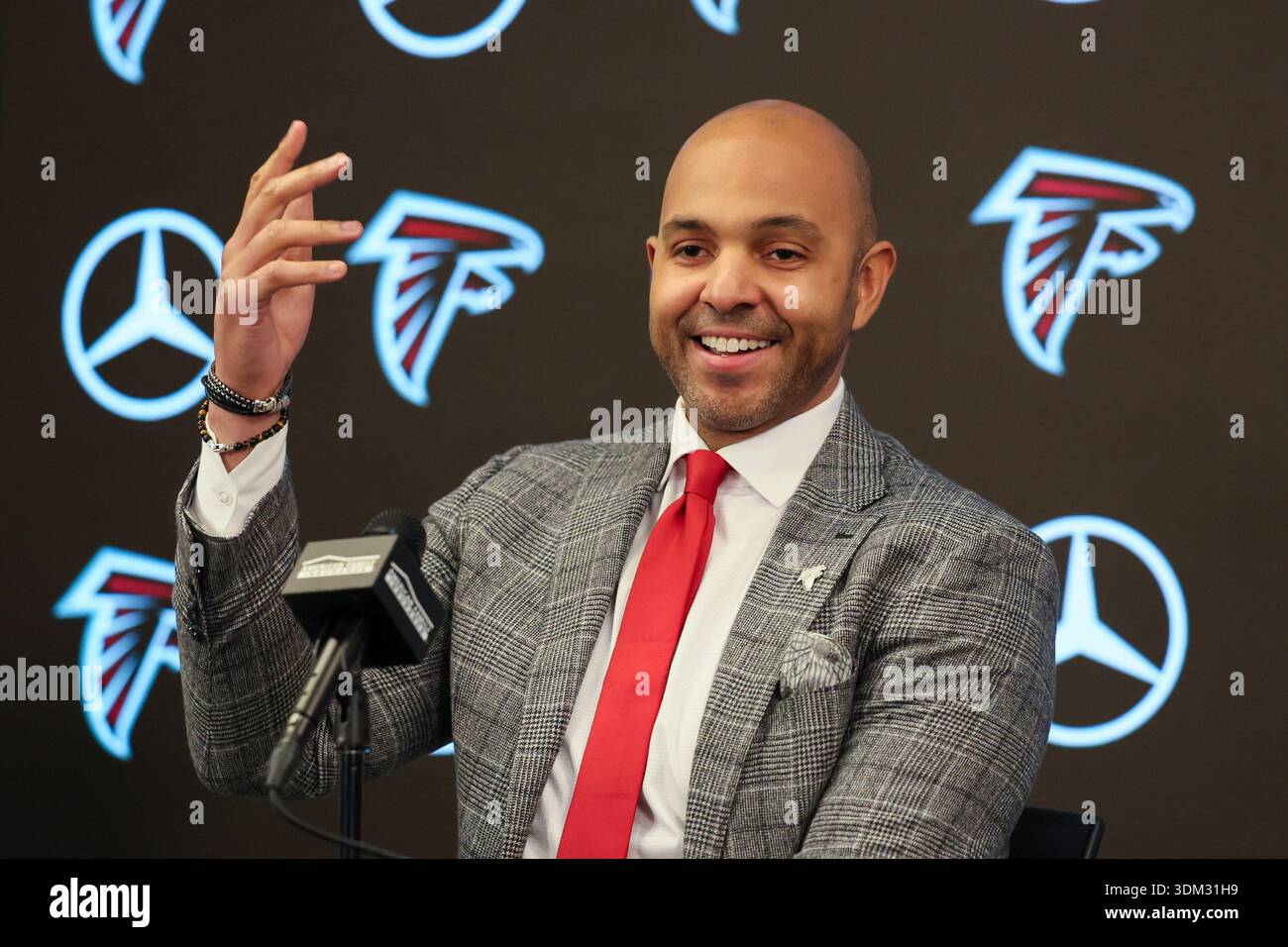 Atlanta Falcons general manager Ian Cunningham speaks during his ...