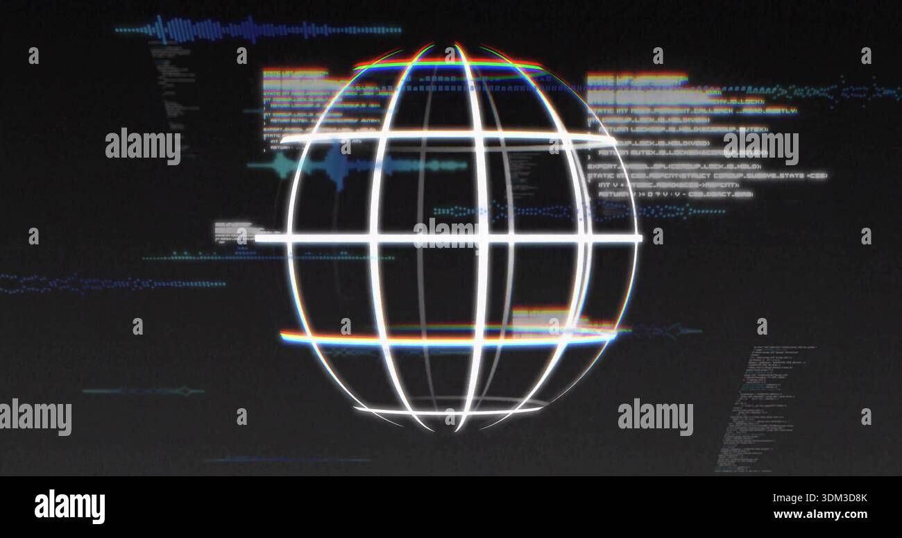 Displaying stylized wireframe globe rotating in virtual HUD, with ...