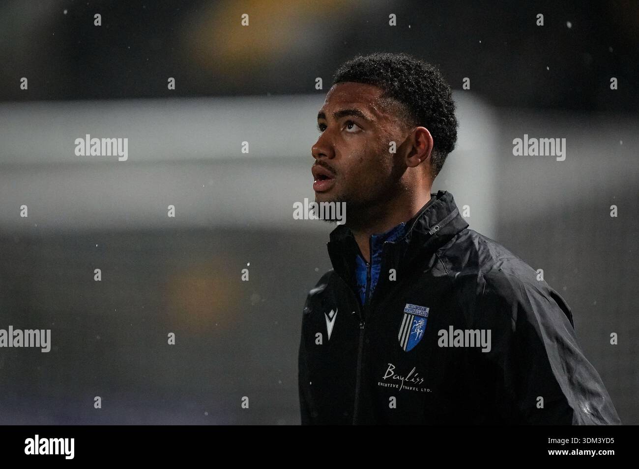Travis Akomeah of Gillingham in the pregame warmup session during the ...