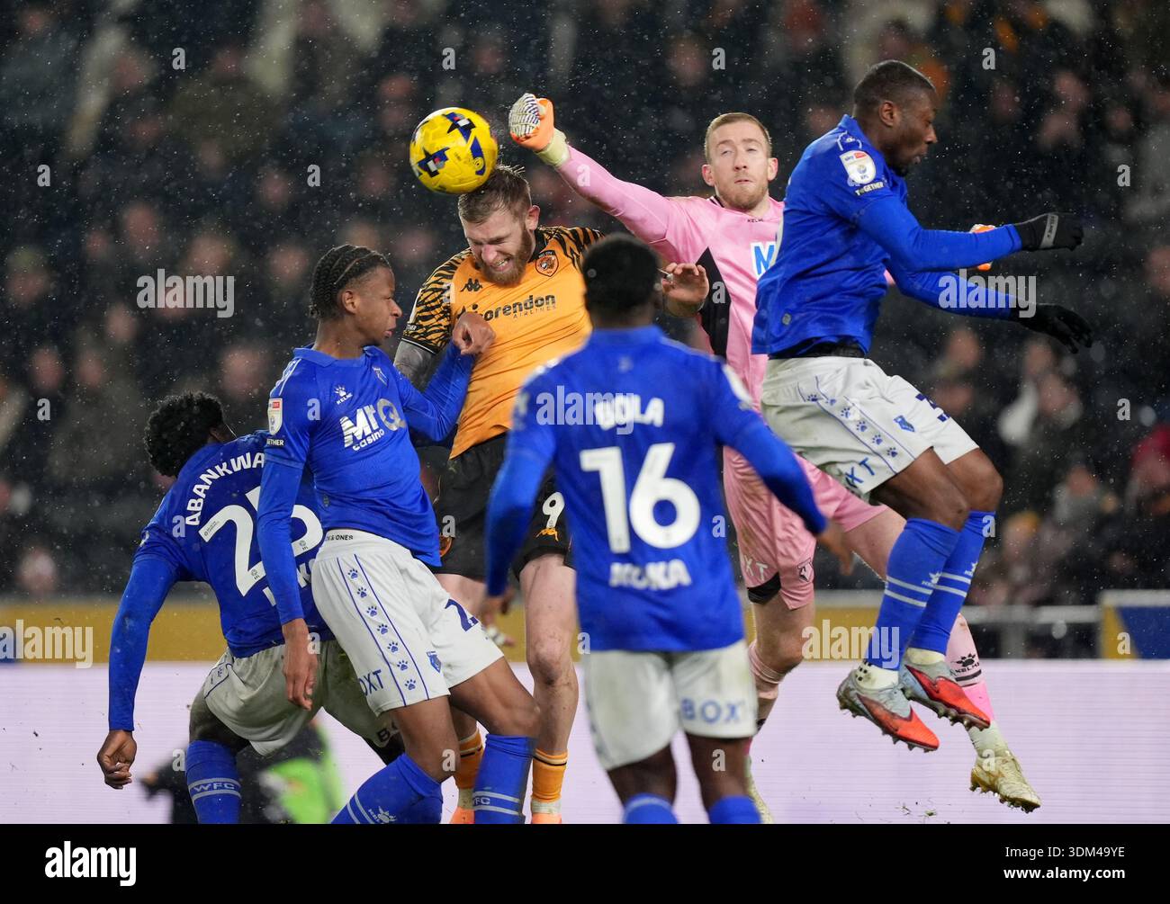 Watford goalkeeper Egil Selvik clears the ball whilst under pressure ...