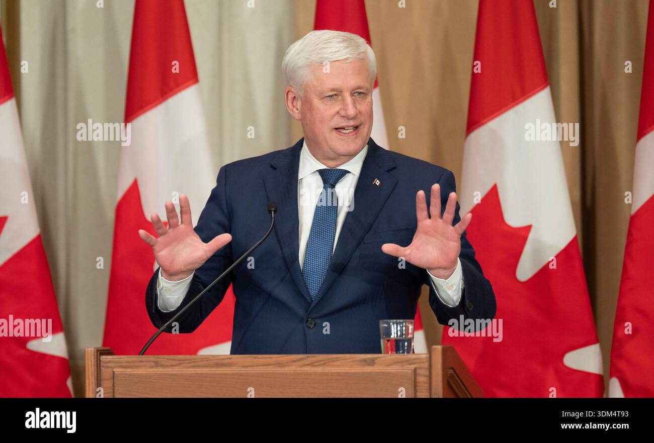 Canada's former Prime Minister Stephen Harper speaks during a ceremony ...