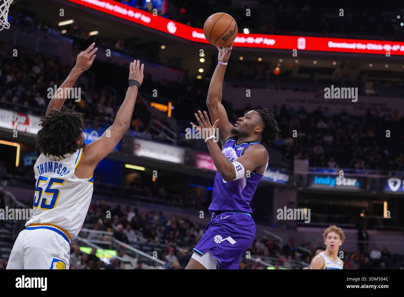 Utah Jazz guard Isaiah Collier (8) shoots over Indiana Pacers guard ...