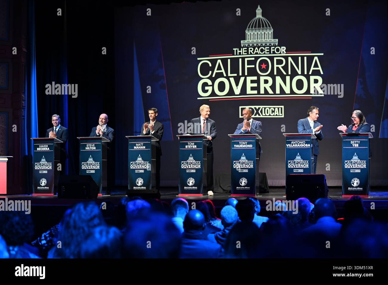 From left, Xavier Becerra, Steve Hilton, Matt Mahan, Tom Steyer, Tony ...