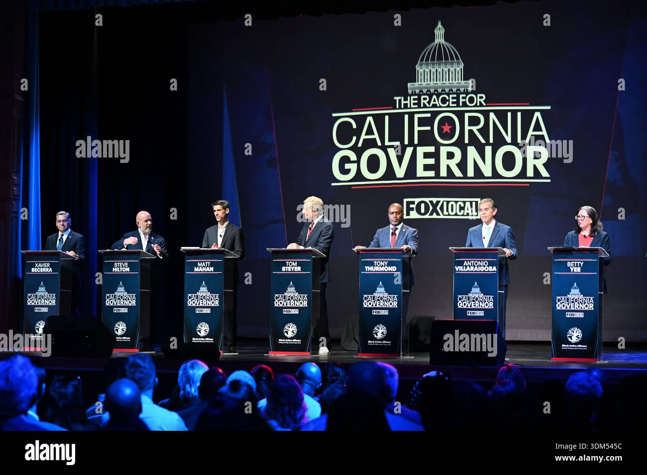 From left, Xavier Becerra, Steve Hilton, Matt Mahan, Tom Steyer, Tony ...