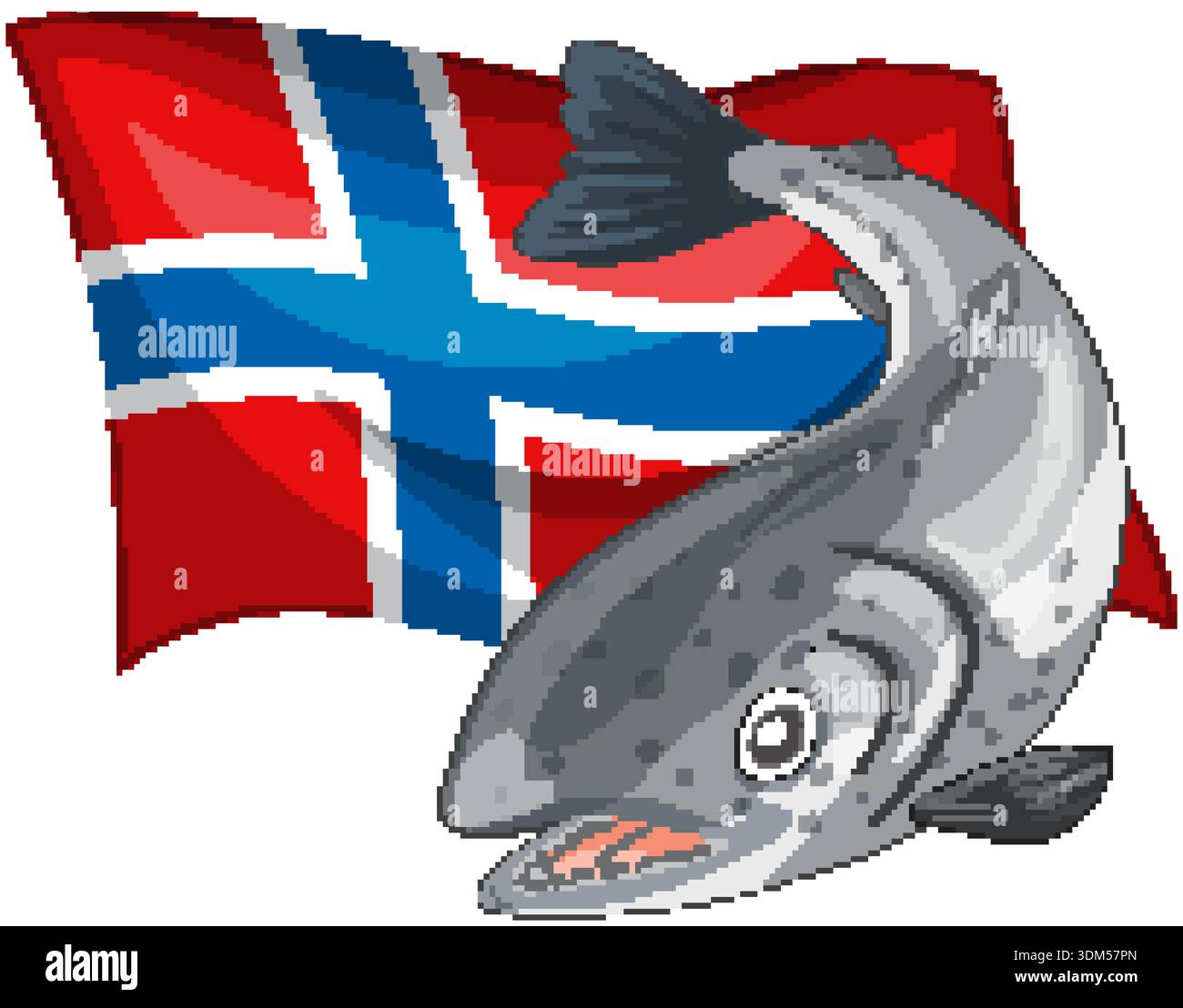 A cartoon salmon jumps before a waving Norwegian flag in this clean ...