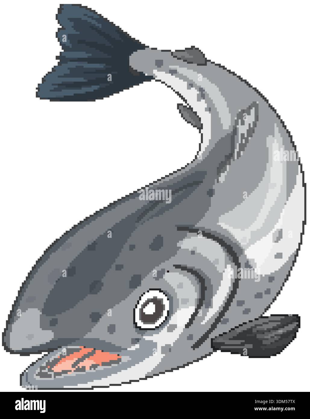 A stylized grey salmon vector illustration with black spots, curved ...