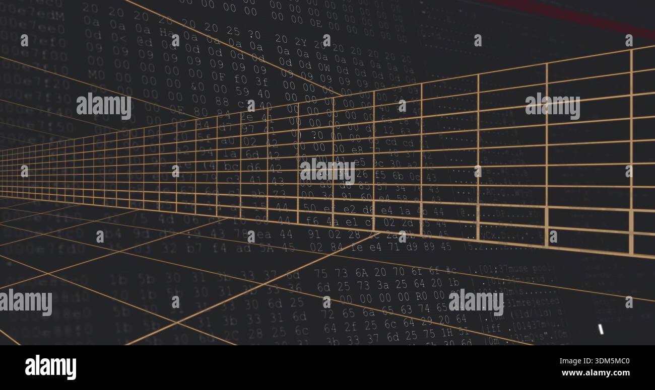 Glowing amber wireframe corridor leading into dark virtual corridor ...