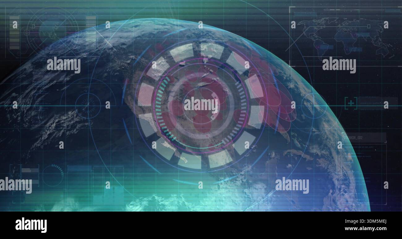 Rotating planet Earth displaying concentric HUD reticle, grid lines ...