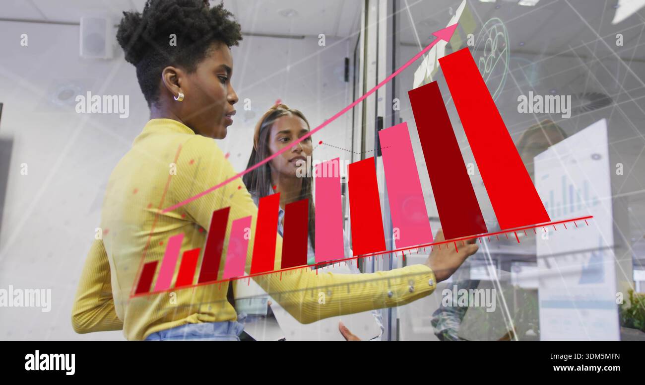 Interacting duo wearing yellow and maroon reviewing 3D bar chart on ...
