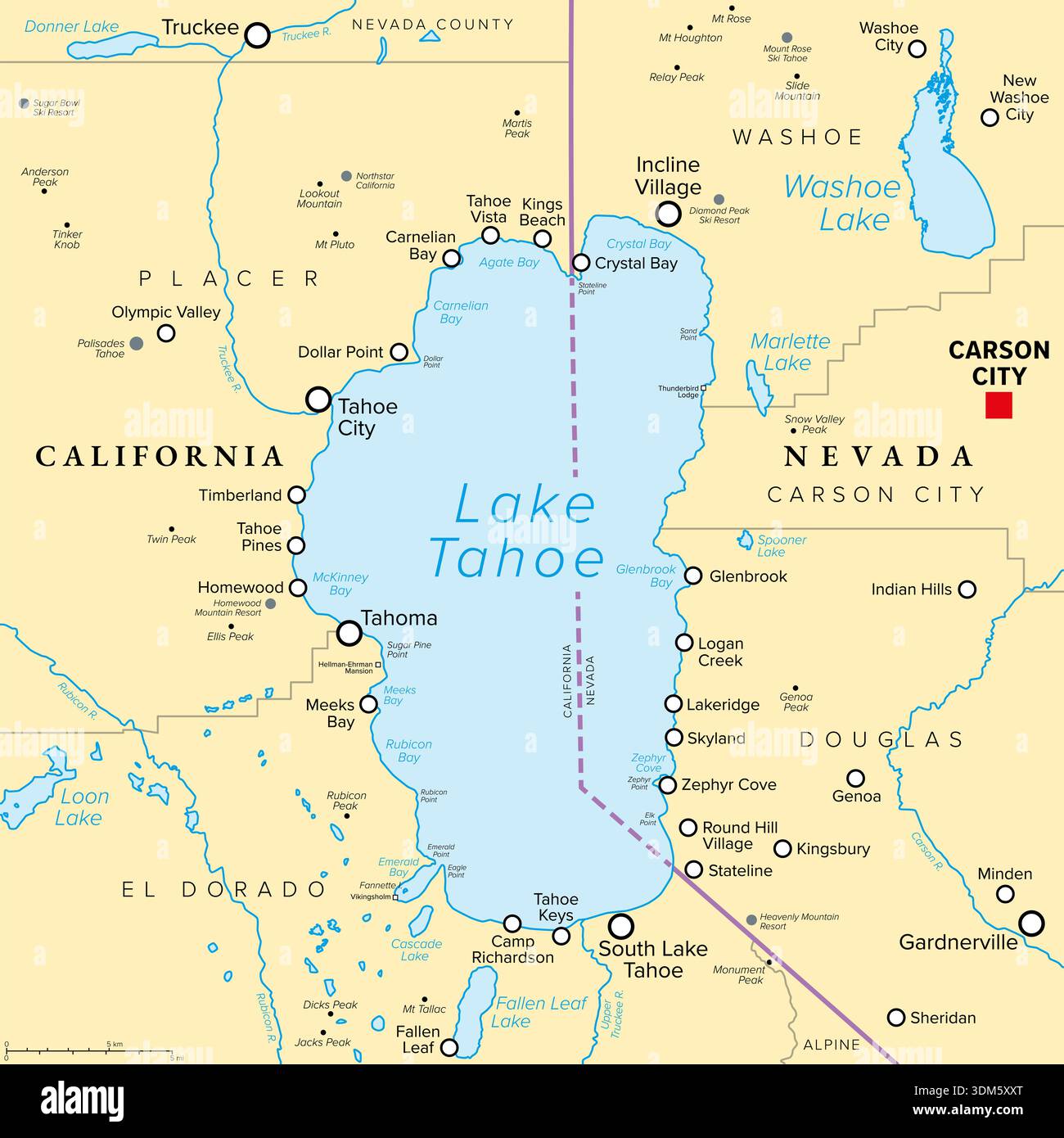 Lake Tahoe in the Western United States, political map. Freshwater lake ...