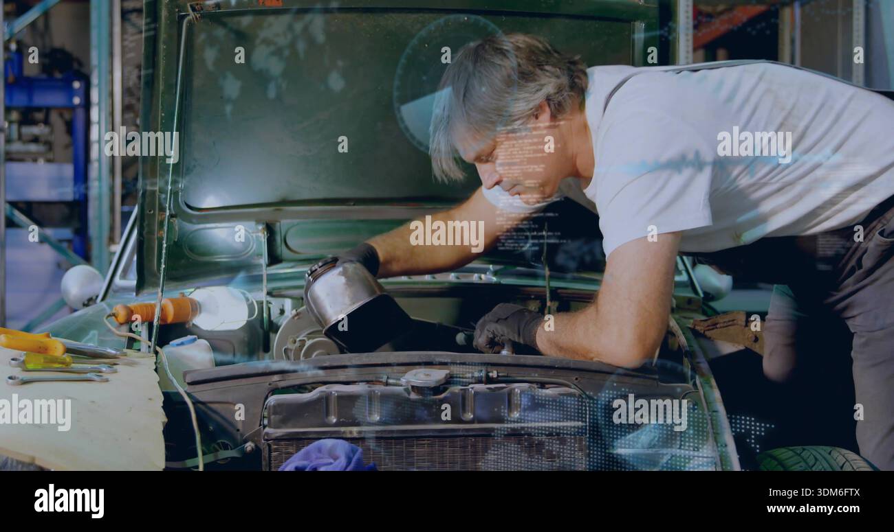 Leaning mechanic in white tee and suspenders pouring oil from metal can ...
